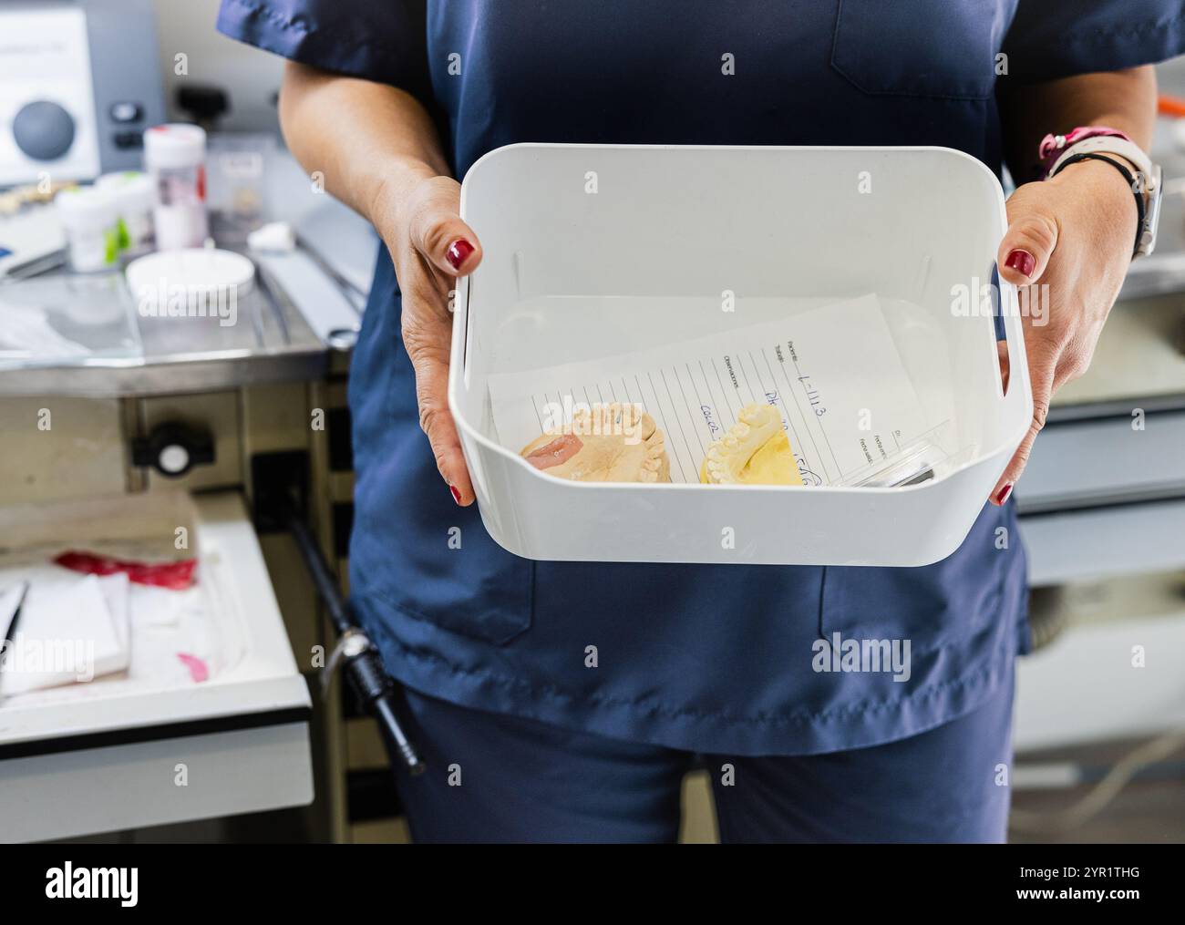 A dental technician holding prosthetic molds in a clinical lab Stock ...