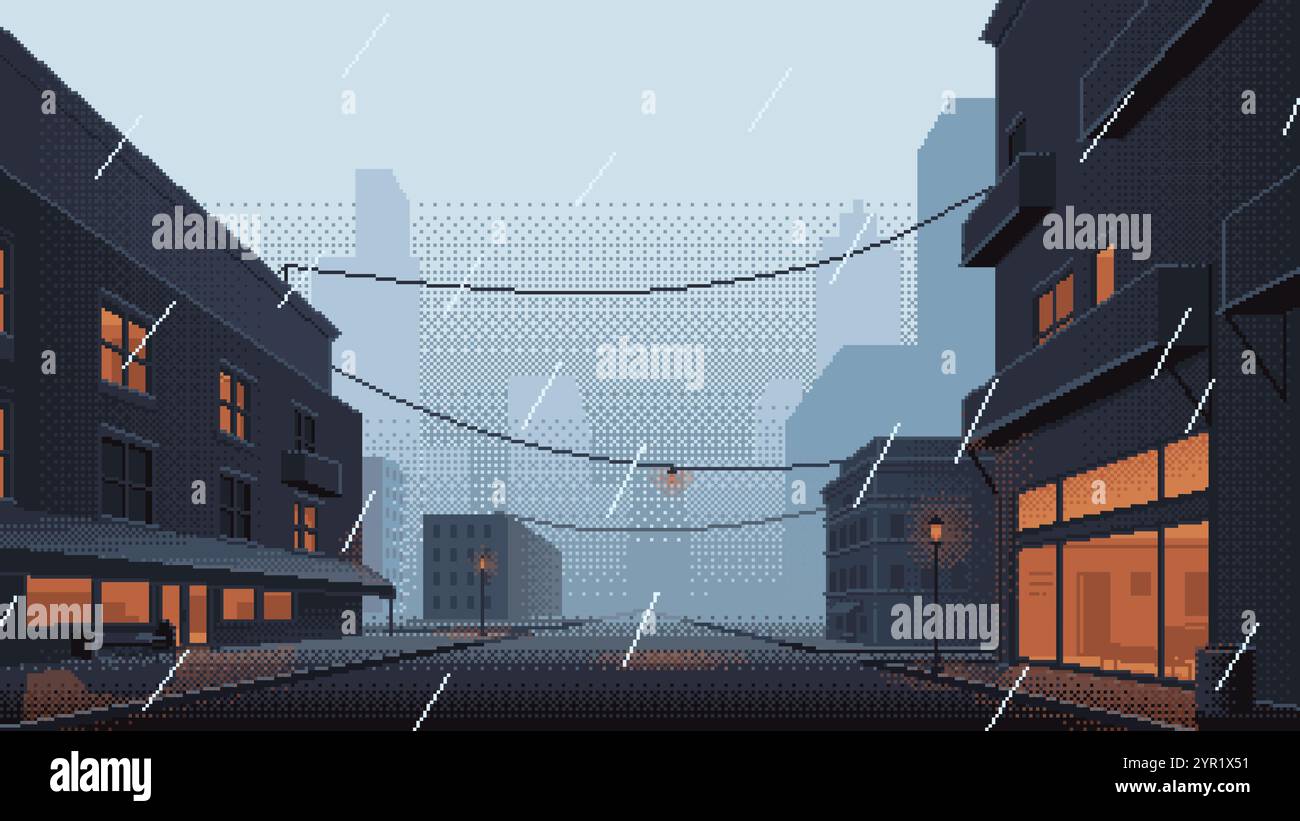 Pixel art City street with buildings and empty road in rainy weather ...