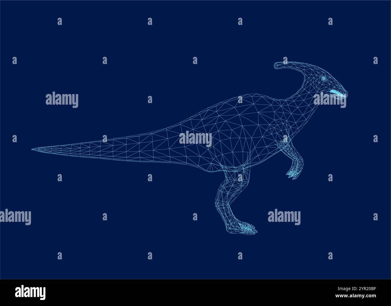 Dinosaur wireframe made of blue lines isolated on dark background. Side ...