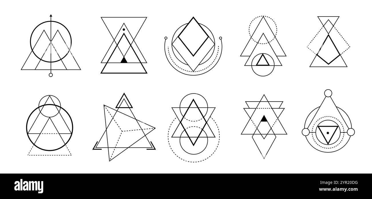 Black triangle with mystical, sacred symbols for meditation Stock ...