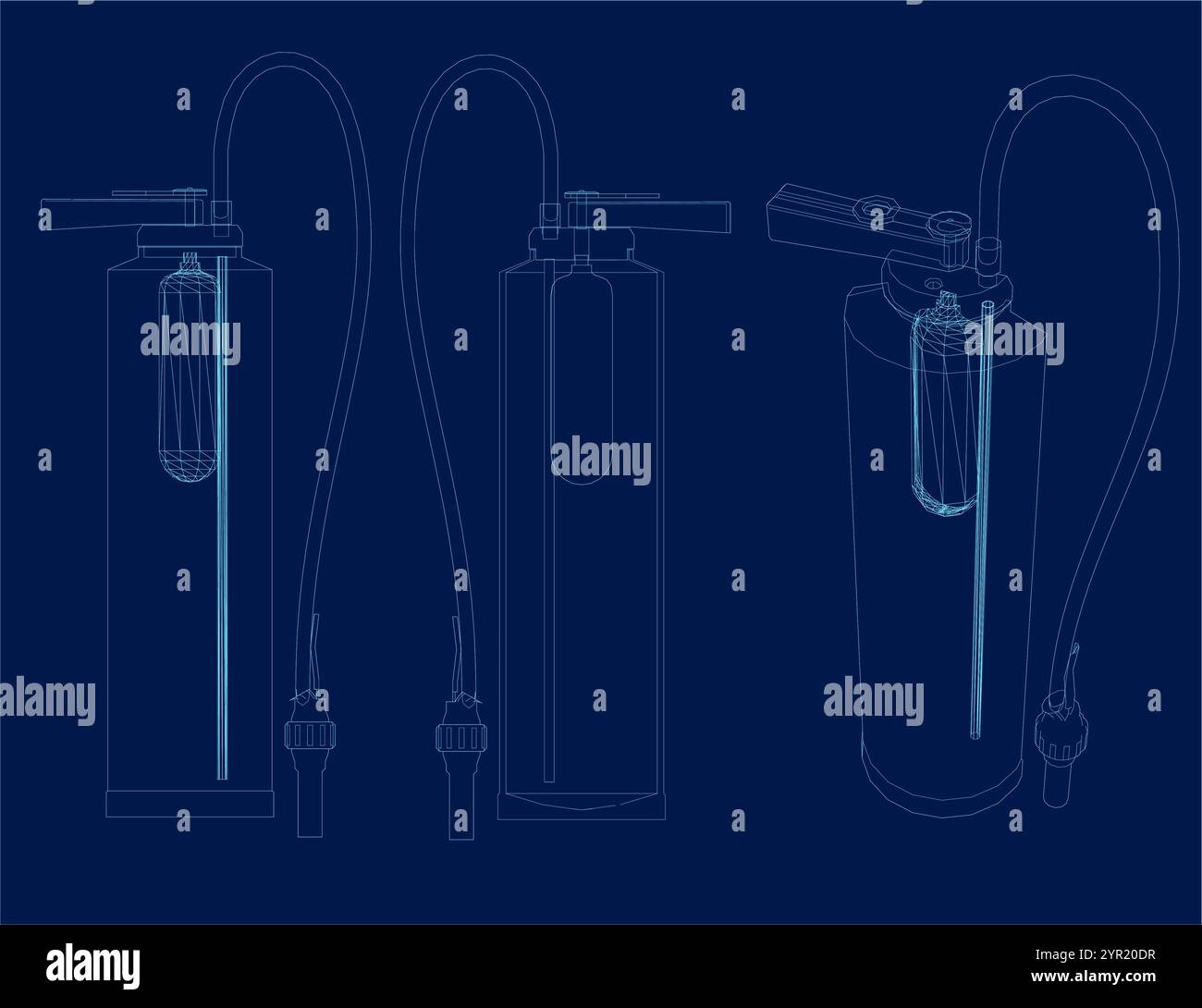 Fire extinguisher outline made of blue lines isolated on dark ...