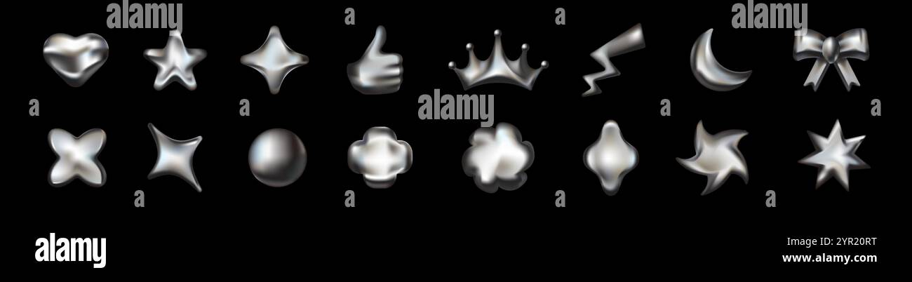 Chrome shapes of stars and moons with a space inspired look Stock ...