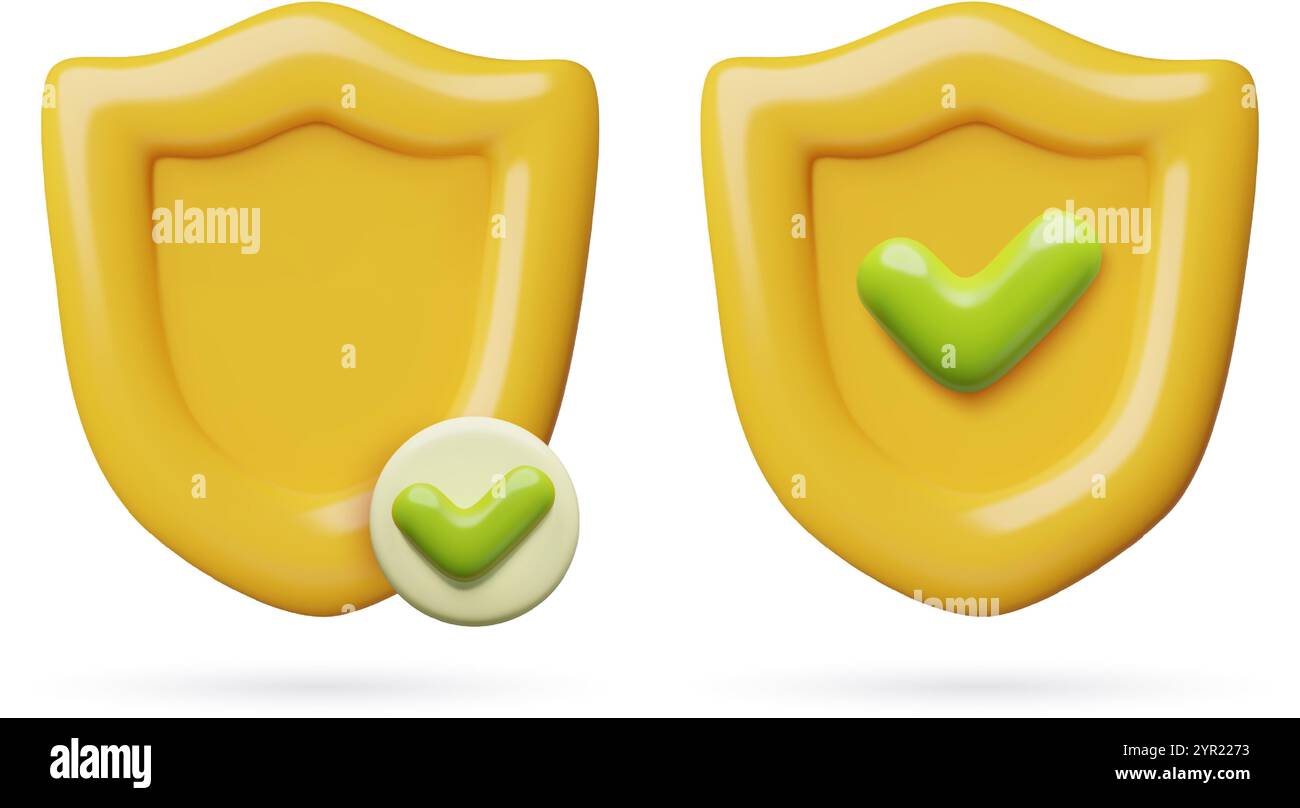 Yellow shield with a check mark 3d safety and security cute minimal vector icons illustrations ...