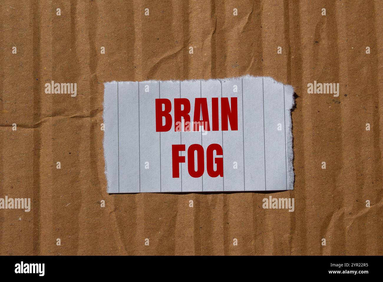 Brain fog message written on ripped torn paper piece with cardboard ...