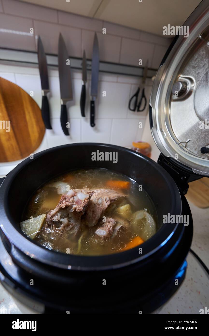 Closeup of a pressure pot multi cooker in the kitchen, with pork and ...