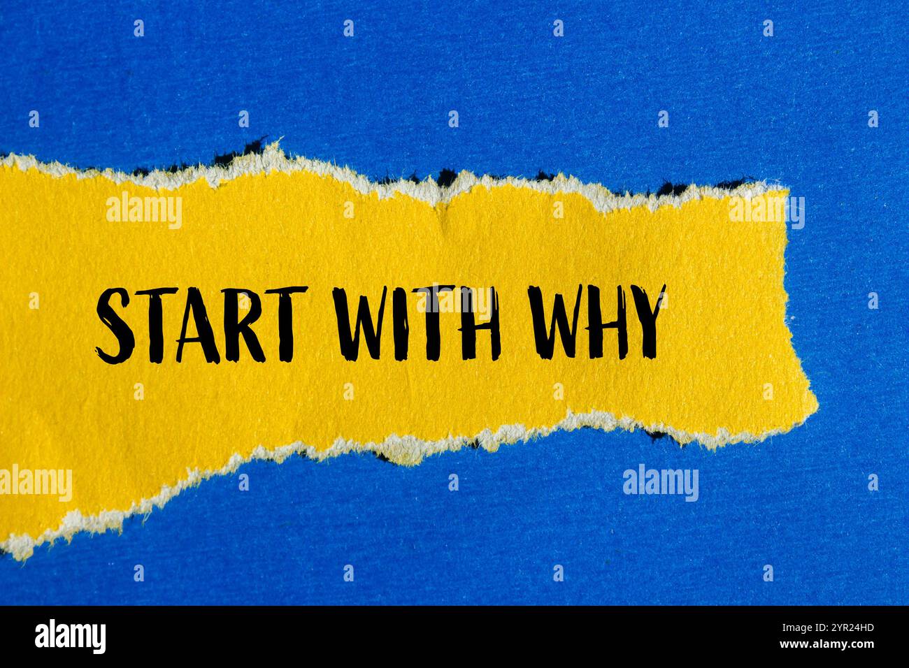 Start with why message written on ripped torn yellow paper piece with ...
