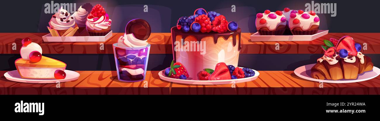 Dessert shop display with cakes and muffins. Vector cartoon illustration of shelf with chocolate ...