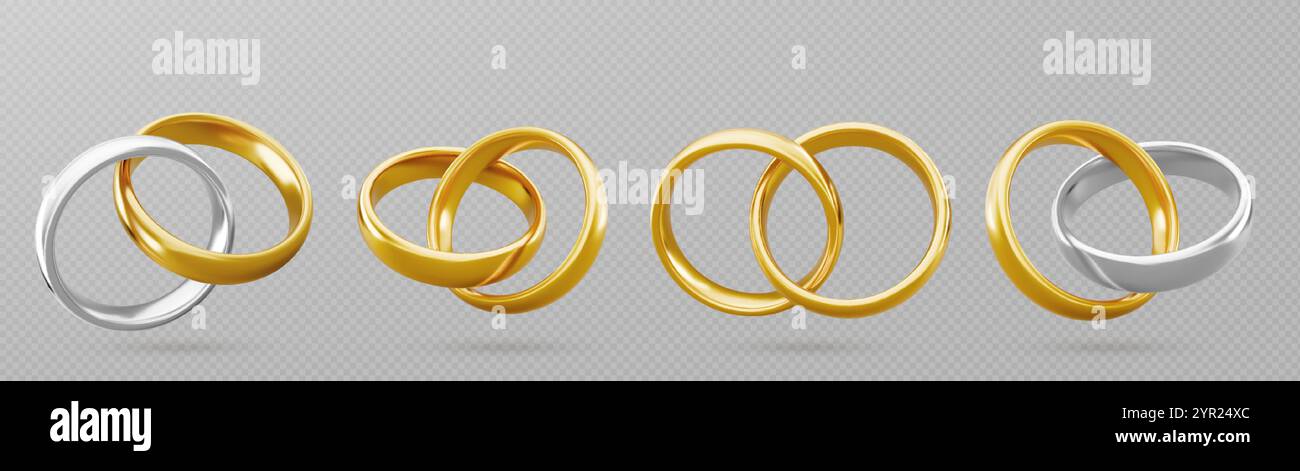 Gold and silver couple ring. 3d marriage jewelry vector. Two golden ...