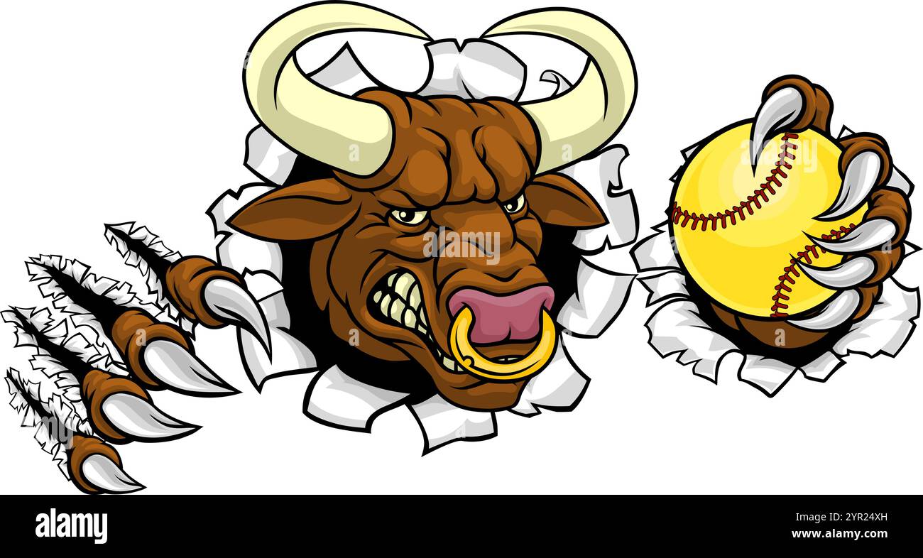 Bull Minotaur Longhorn Cow Softball Mascot Cartoon Stock Vector Image ...
