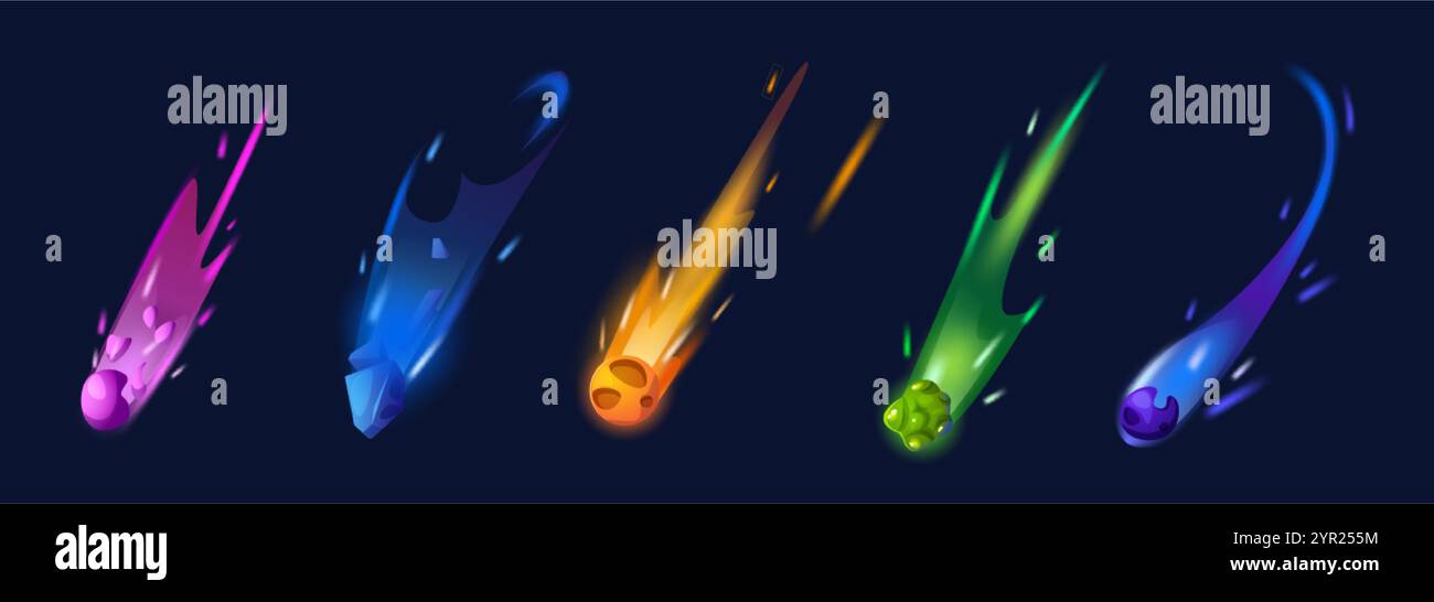 Space comets set isolated on black background. Vector cartoon ...
