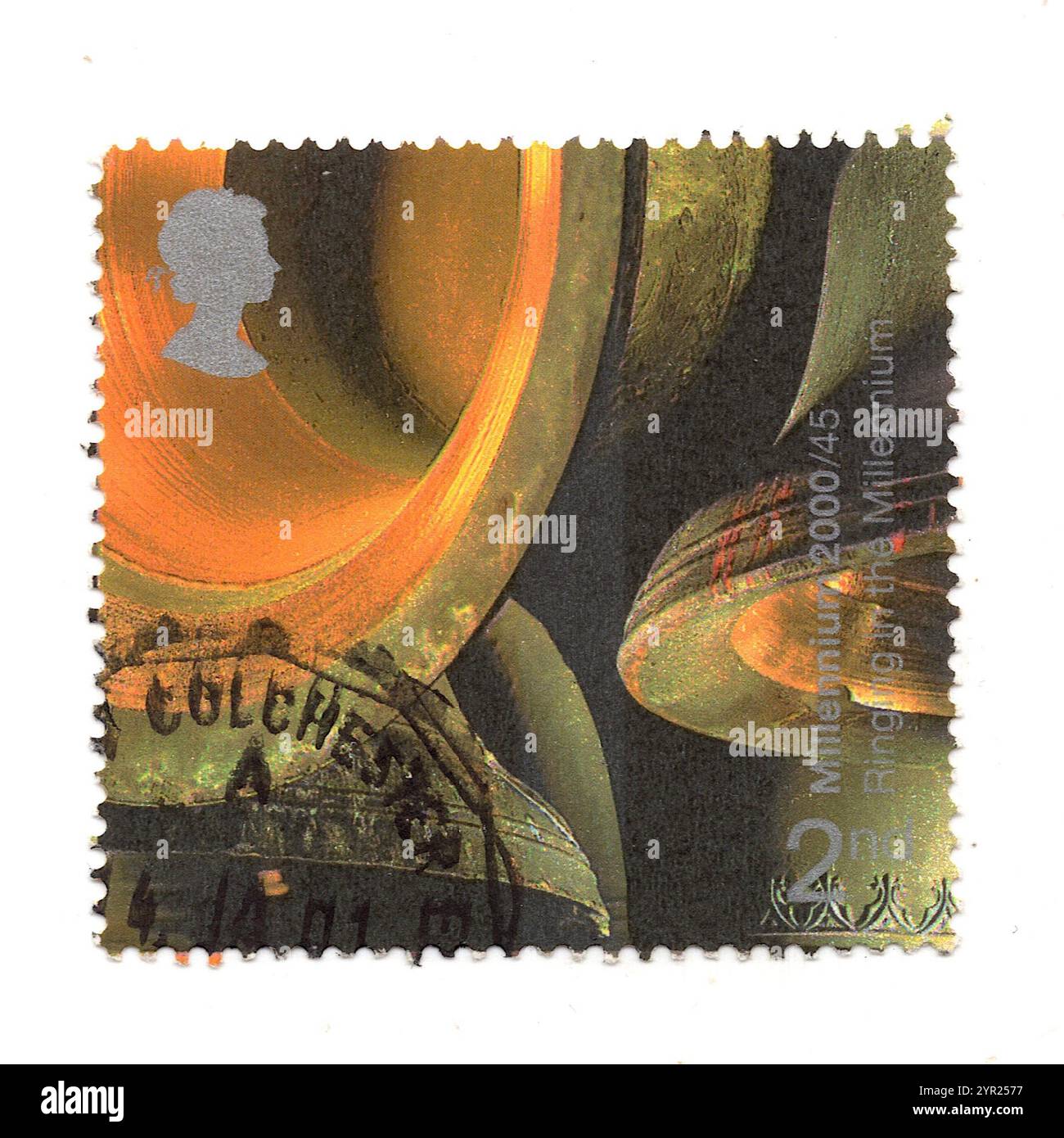 A vintage postage stamp from Great Britain featuring ringing bells ...