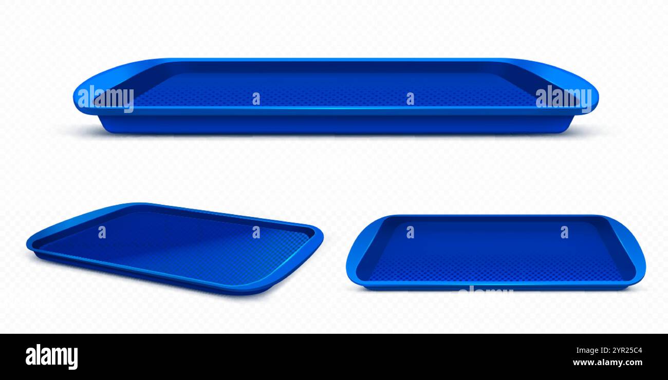 Blue rectangle plastic lunch tray side view mockup. Rectangular dish ...