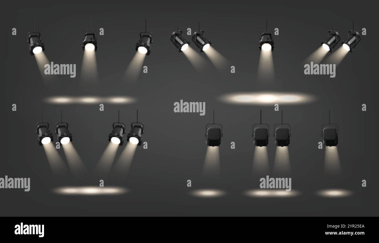 Professional stage spotlights with various beam configurations. Realistic 3d vector focused ...