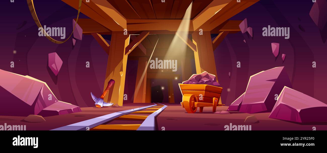 Underground coalmine interior with mining equipment. Vector cartoon ...