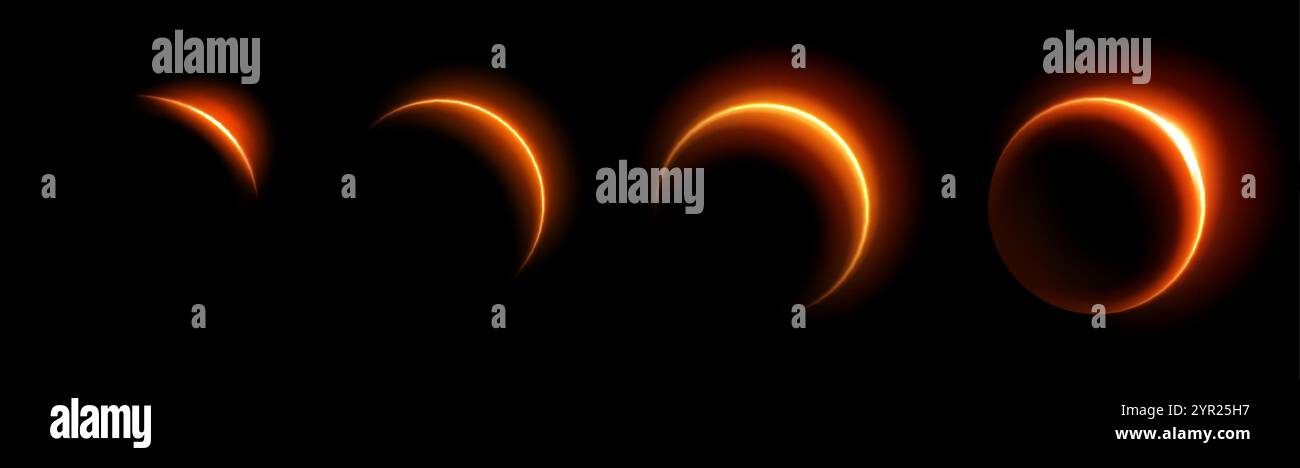 Solar eclipse phases with glowing neon orange rings against dark sky ...