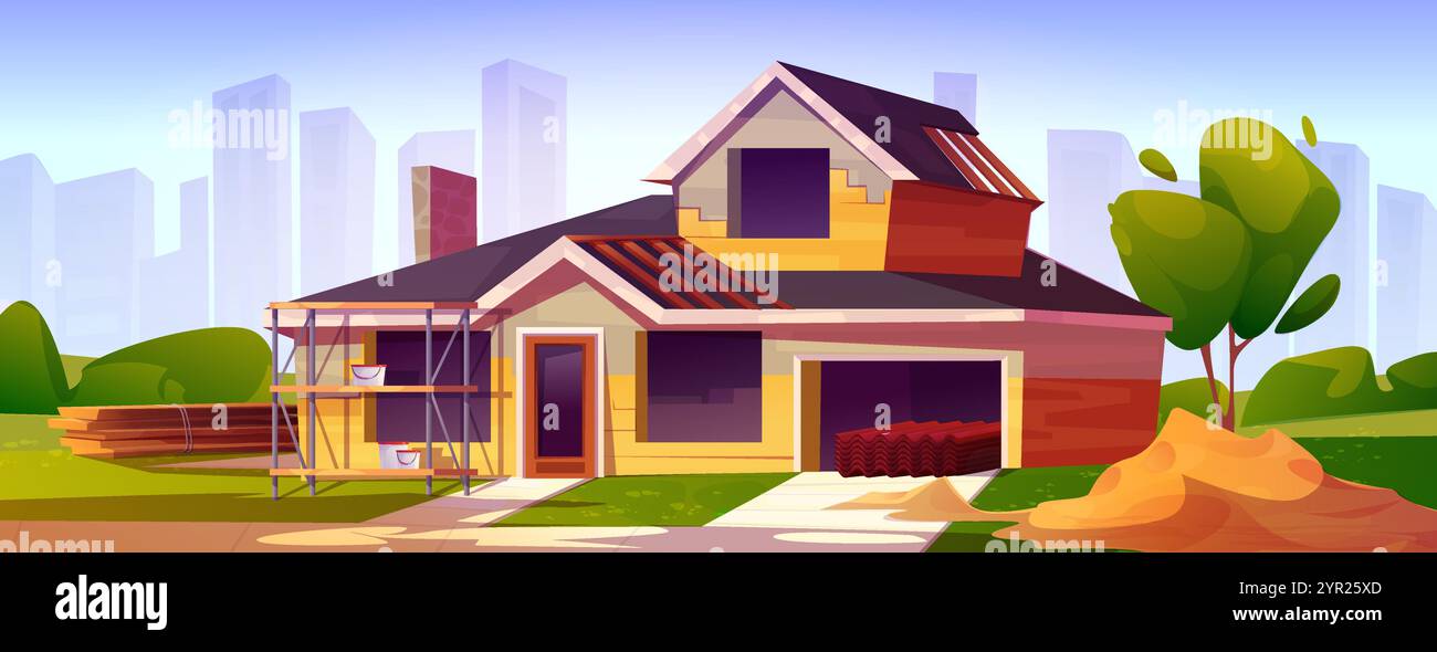 House roof repair and construction work vector. Building outside facade ...