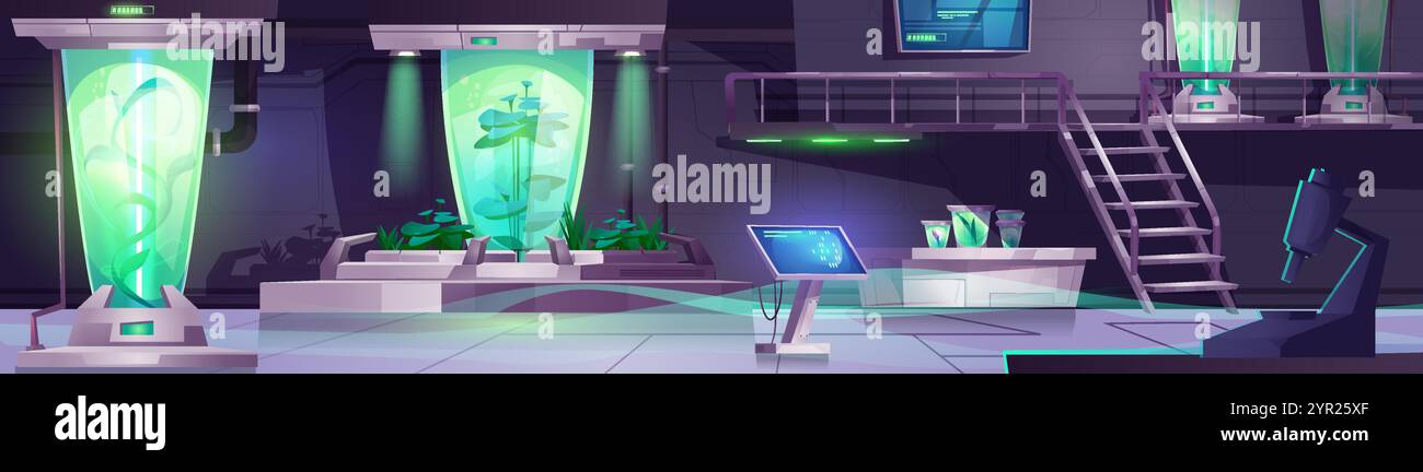 Futuristic spaceship lab with plant samples. Vector cartoon ...