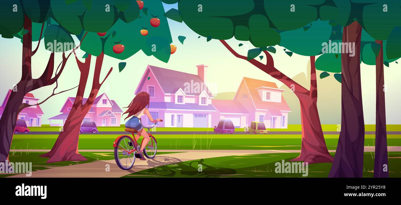 Colorful suburban scene with girl cycling on path beneath green apple ...