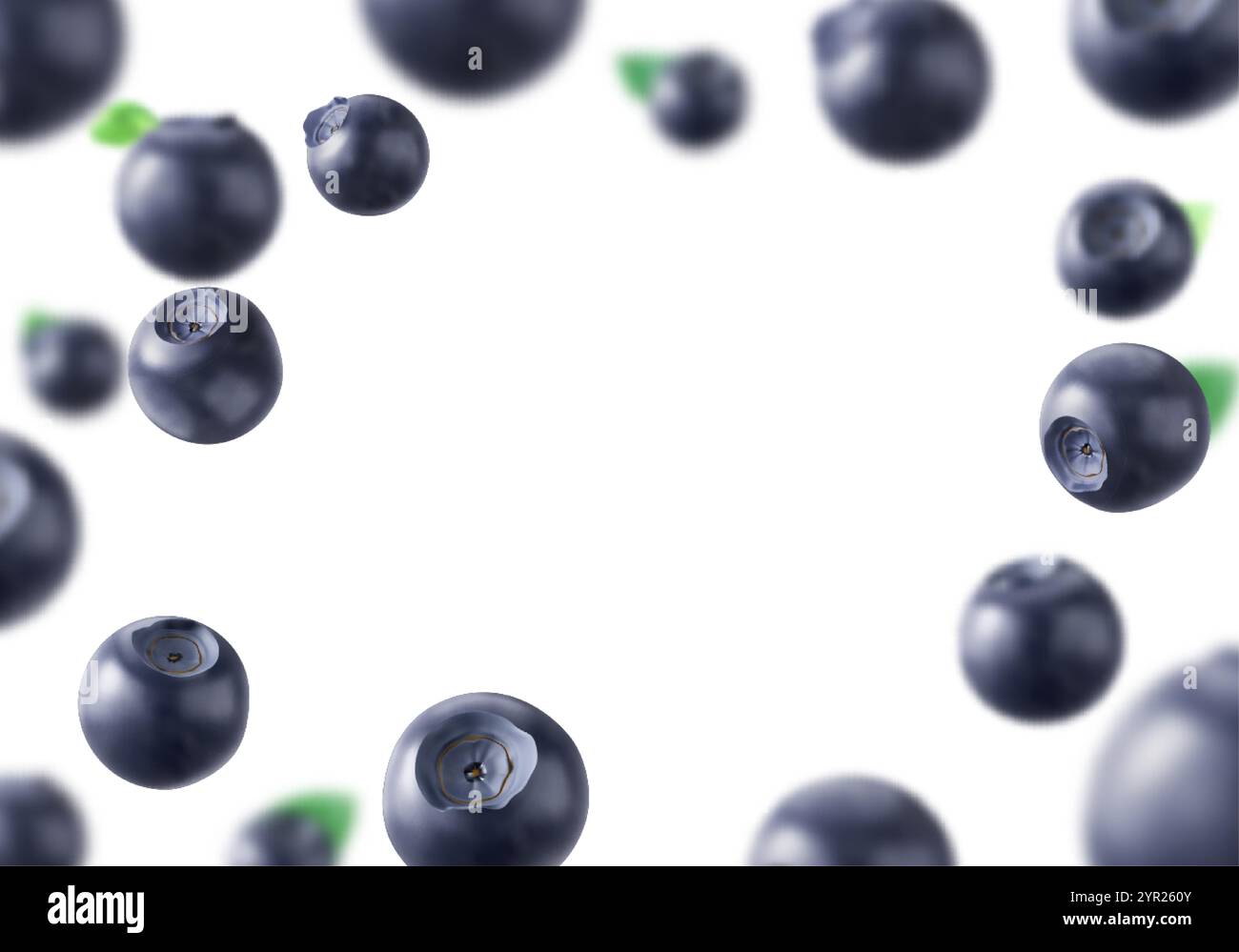 Fresh ripe flying blueberries with green leaves frame with empty space ...