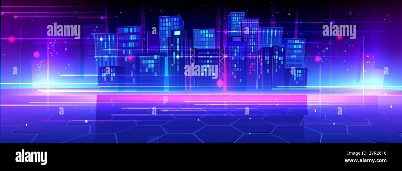 Neon metaverse city. Tech building background. Futuristic cyber virtual ...