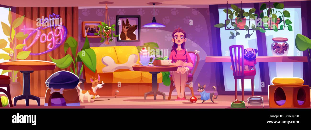 Woman in dog friendly cafe. Vector cartoon illustration of female ...