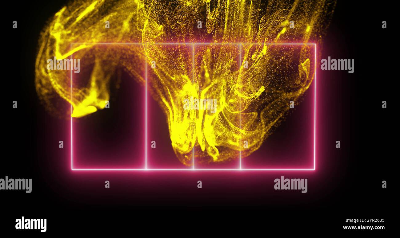 Yellow particles forming abstract shapes image over neon pink grid ...