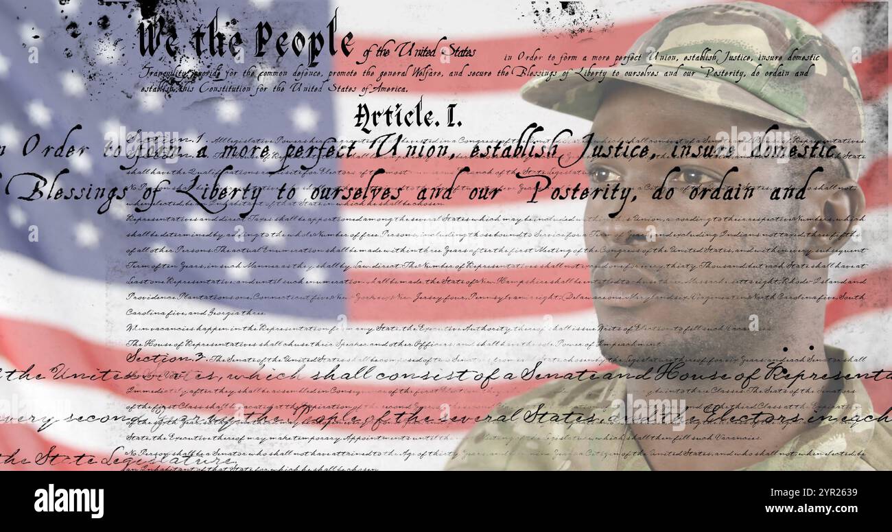 Saluting soldier over United States Constitution text image with ...