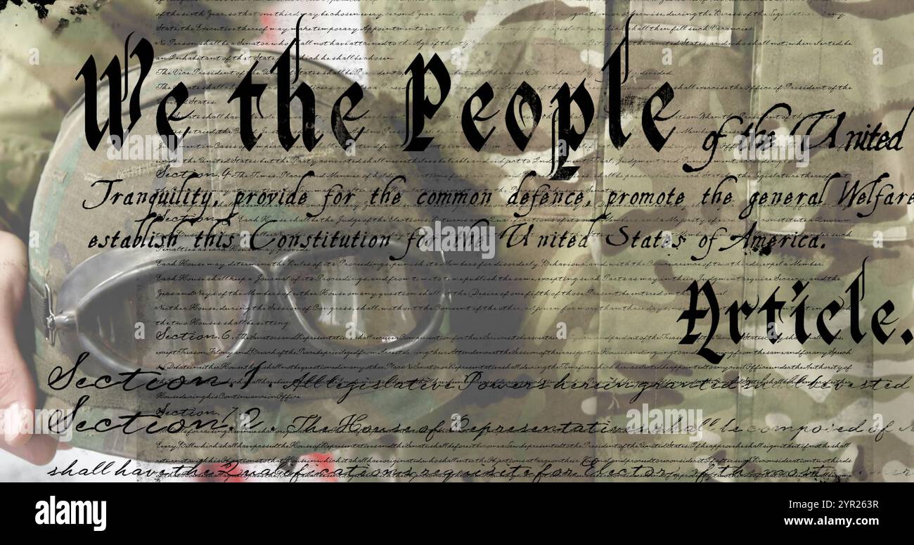 Image of united states constitution text over military personnel in ...