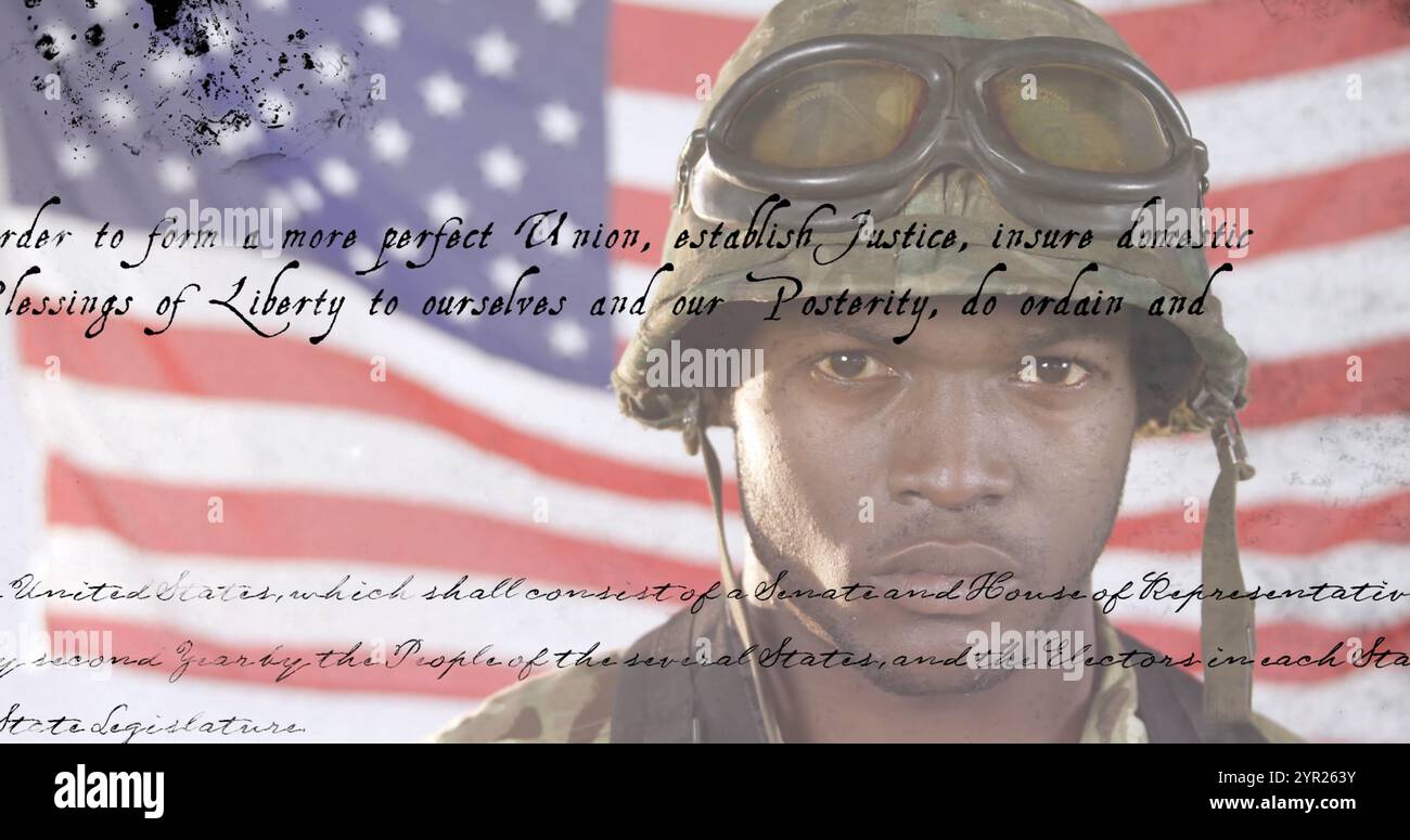 Constitution text image over soldier with American flag background ...