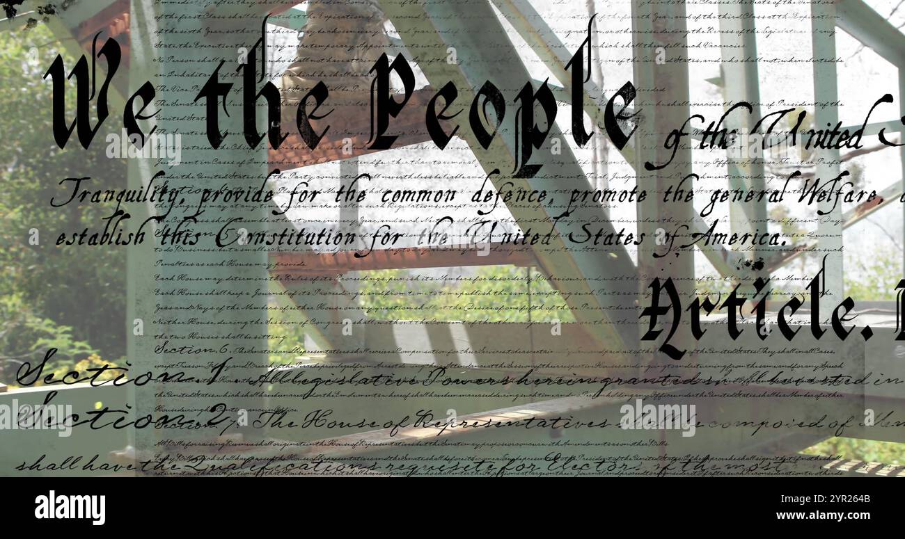 Constitution text image over soldier walking on metal structure Stock ...