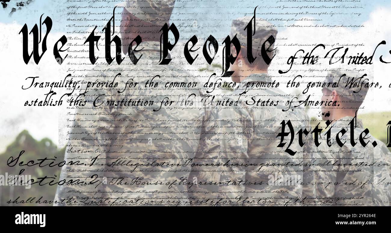 Military personnel standing, Constitution text image over blue sky ...