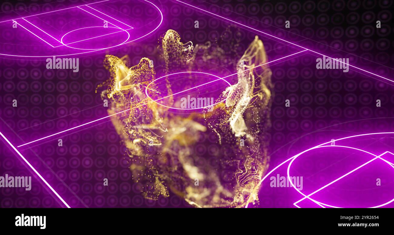 Abstract swirling particles and lines image over basketball court ...
