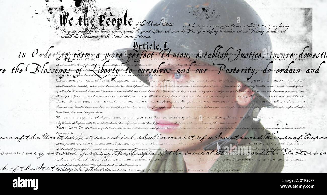 Constitution text image over close-up of person wearing military ...