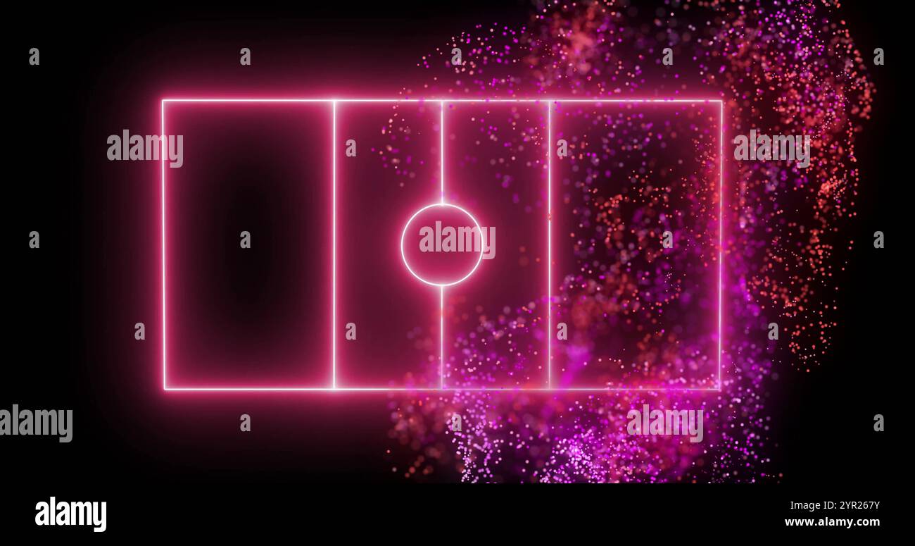 Neon pink soccer field lines with colorful particles image over black ...