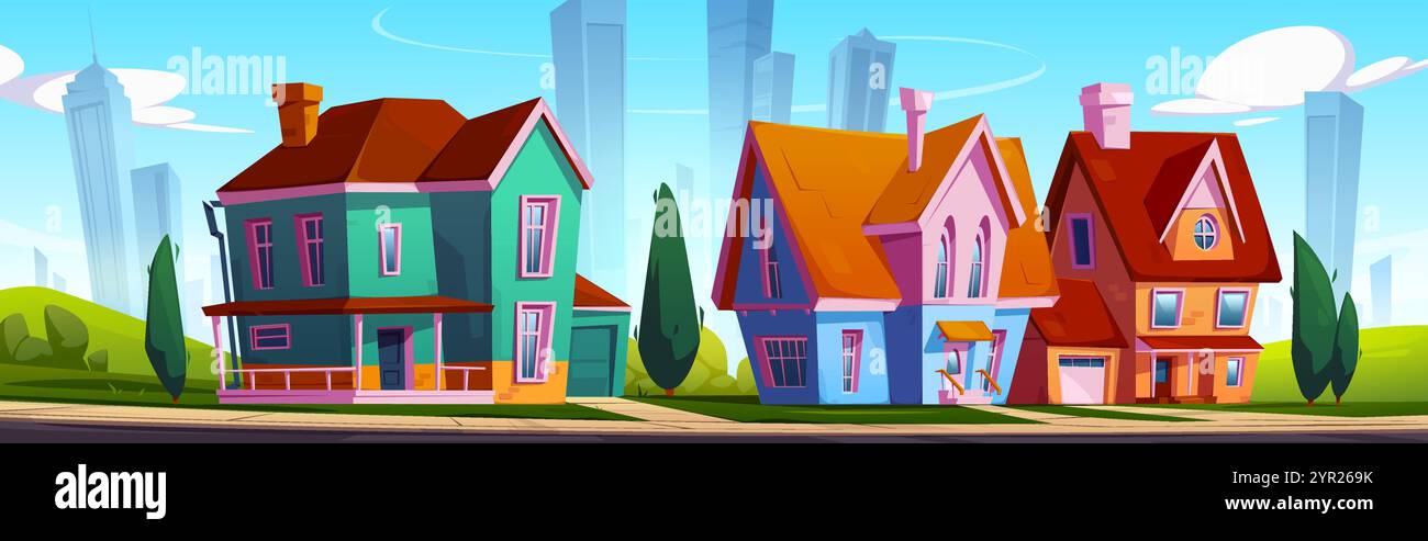 Suburban town street with houses. Vector cartoon illustration of rural ...
