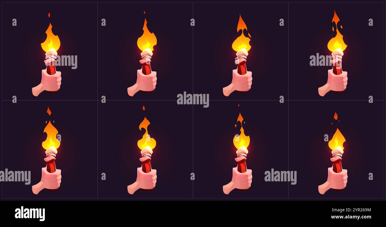 Animation sequence of cartoon hand holding burning torch. Eight frames ...