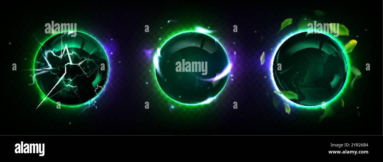 Green and purple magic glowing balls with light effect. Realistic 3d ...