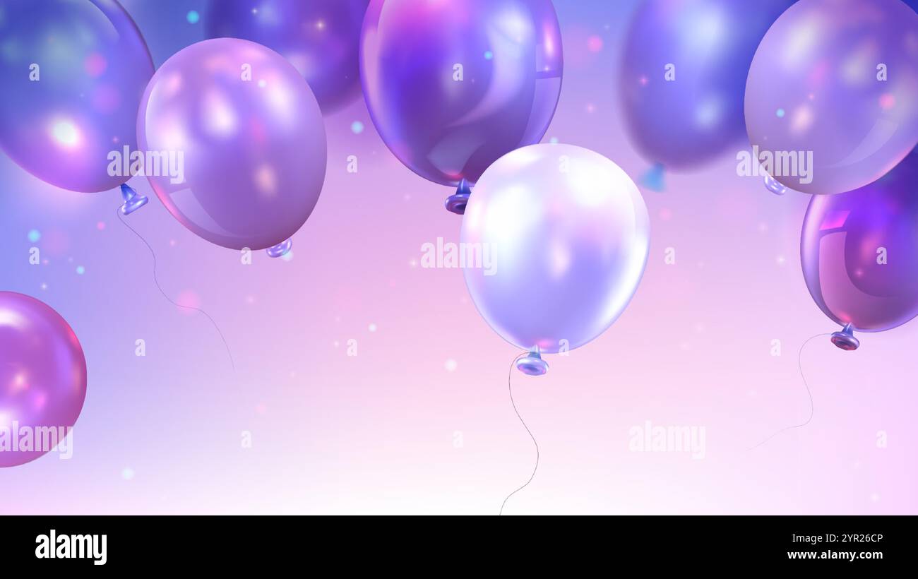 Birthday congratulation banner with helium flying blue and purple ...