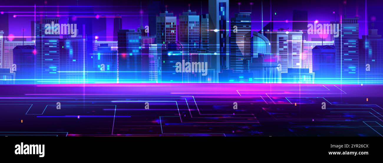 Cyberpunk skyline glows with electric blue and purple colors. Digital ...