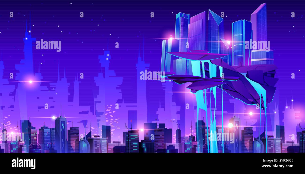 Metaverse tech city glows with purple and blue streams beneath floating ...