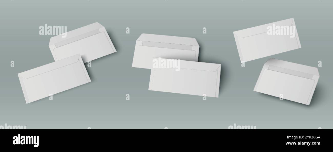 Empty white open and closed envelopes in different angles. Three pairs ...