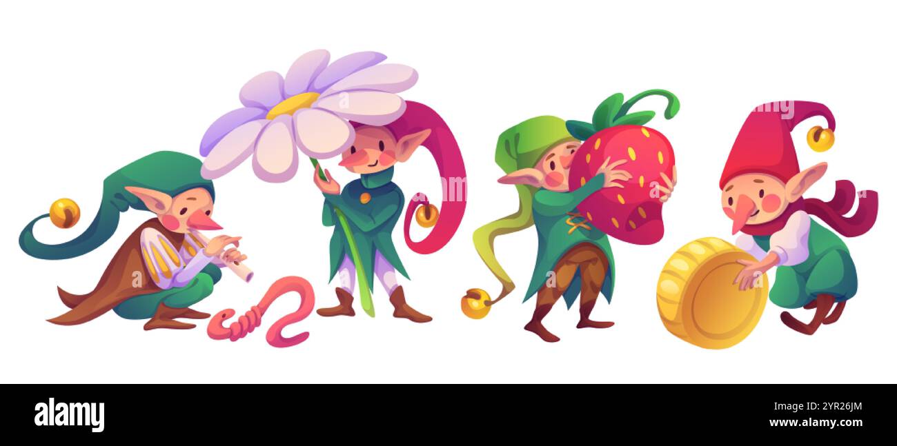 Cute gnomes wearing pointed hats in whimsical activities. Little elf ...