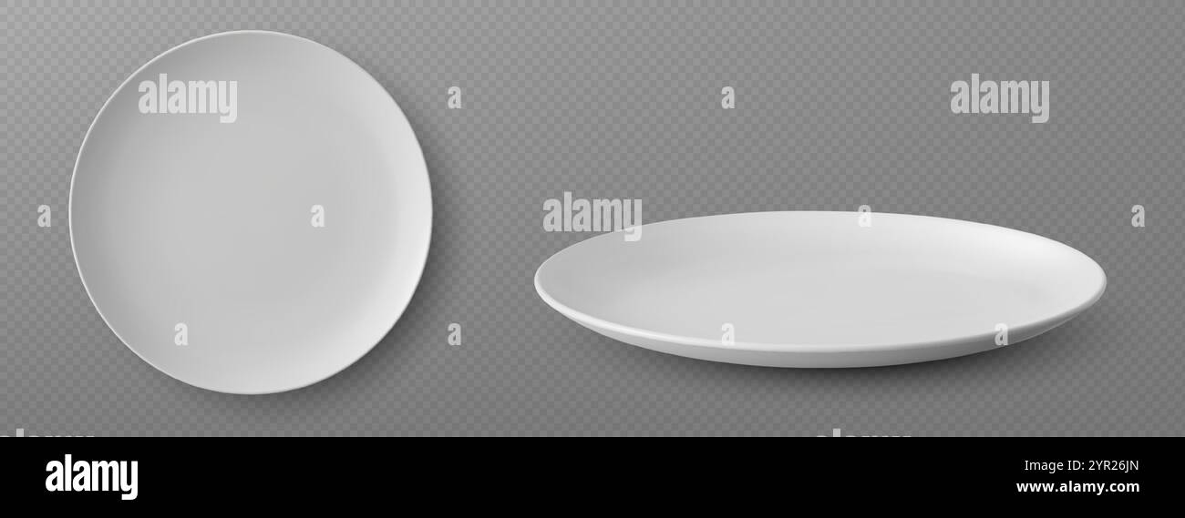 Empty white porcelain dinner plates top and side angles of view on ...