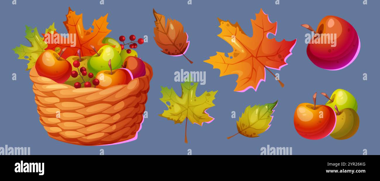Autumn harvest basket. Thanksgiving fruit box with apple and leaves ...