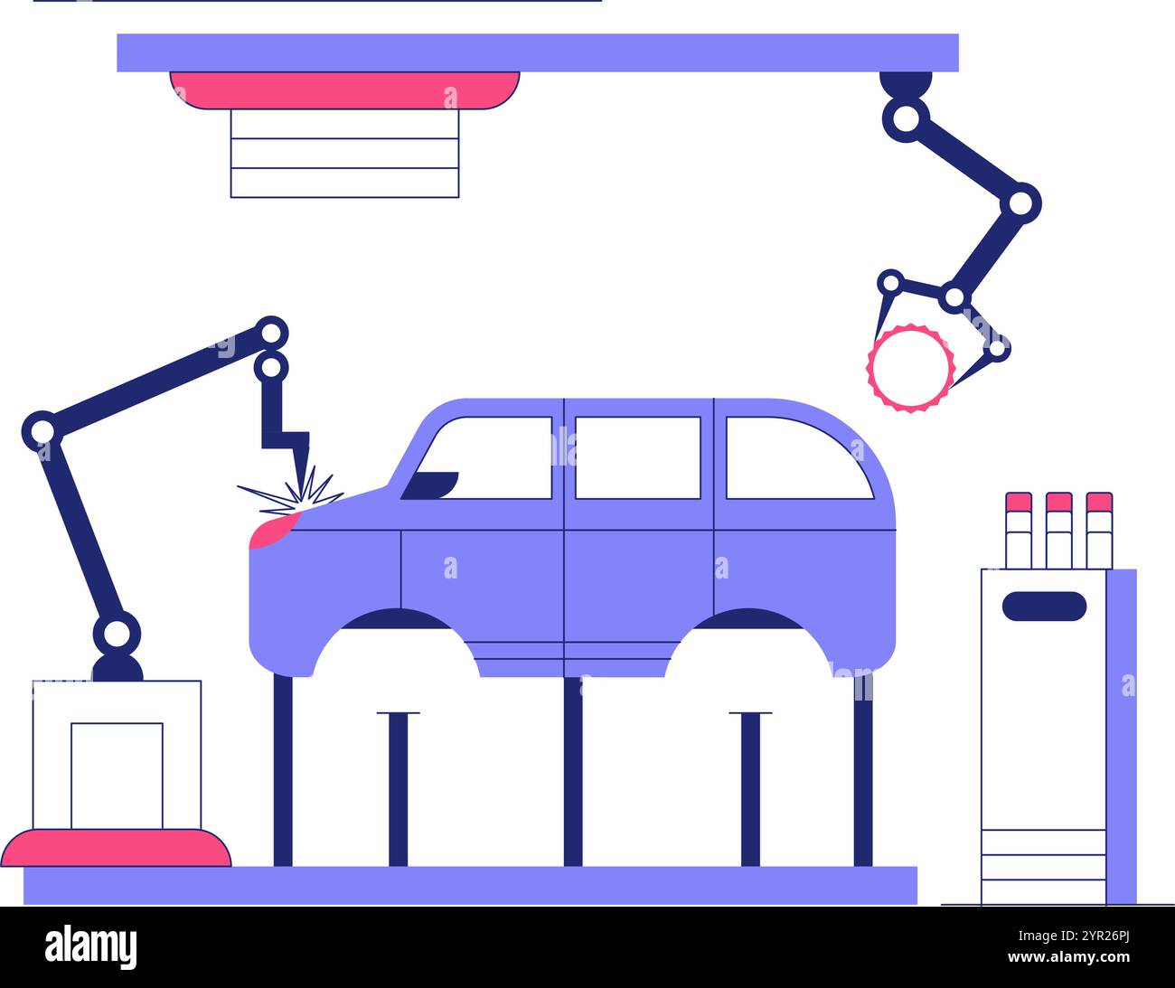 Robotic Arms Working On Car Frame In Flat Vector Illustration Symbolizing Automated ...