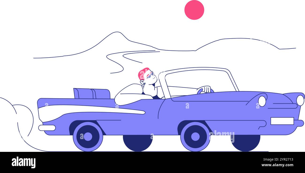 Man Driving Convertible Car On Scenic Road In Flat Vector Illustration ...