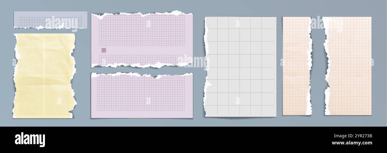 Torn notebook paper pieces with grid lines and square of pastel colors ...