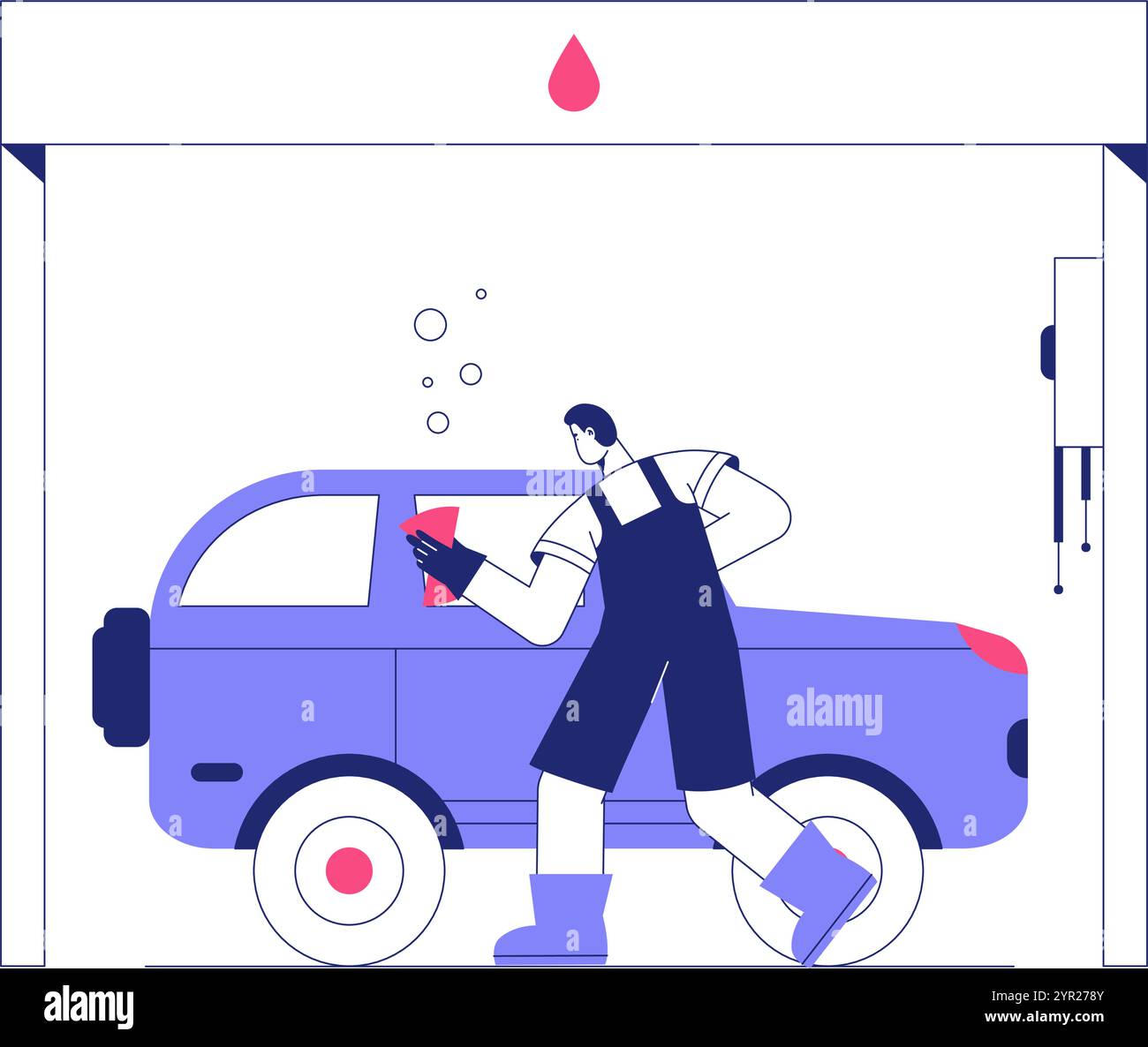 Male Worker Washing Car In Flat Vector Illustration Symbolizing Vehicle ...