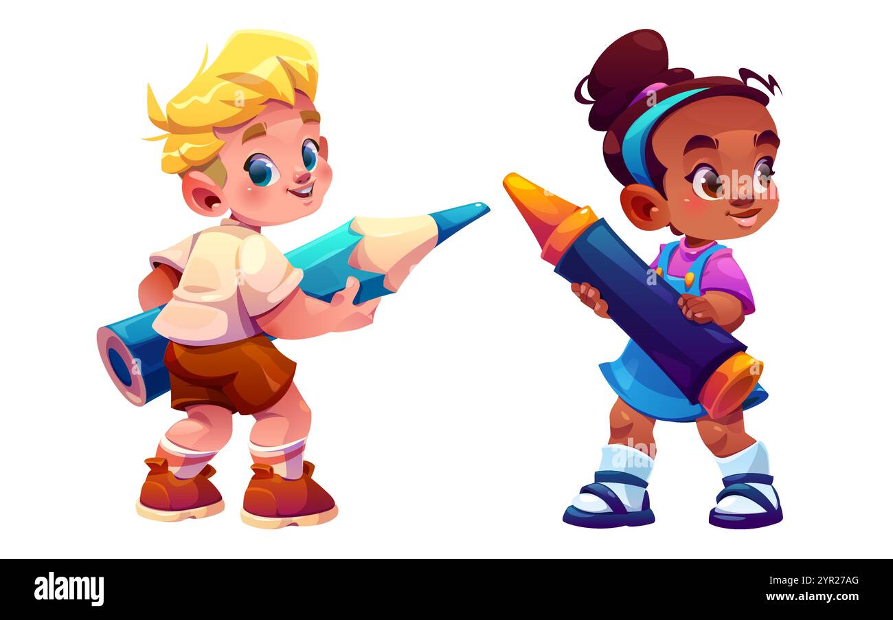 Cheerful cartoon Children holding giant crayons ready to draw on wall ...