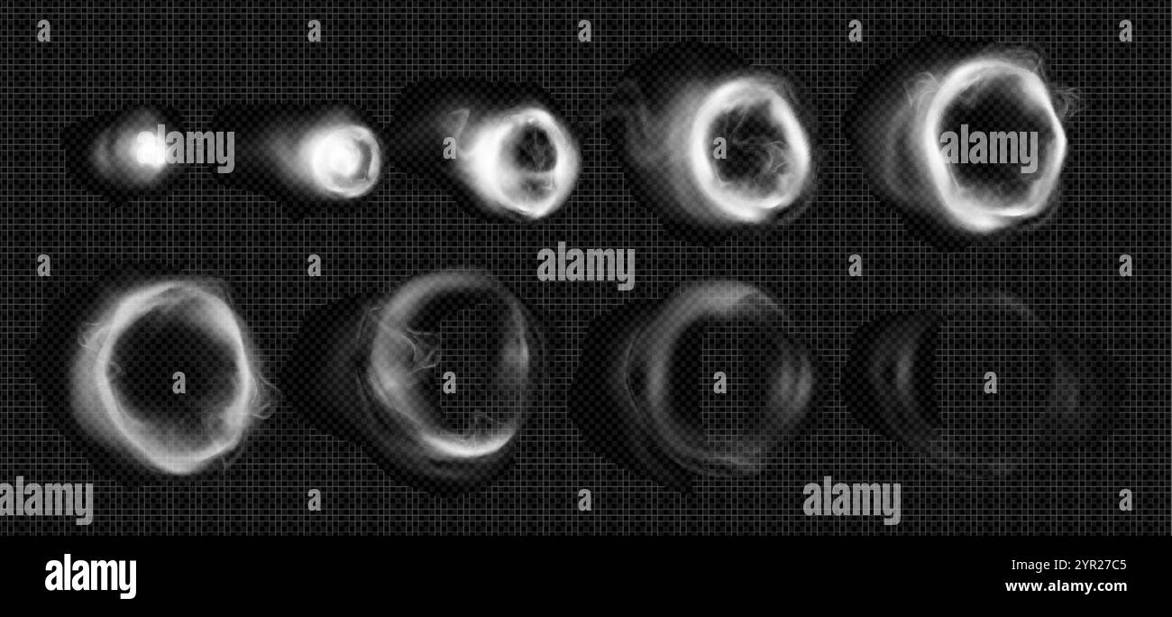 Sequence of white smoke rings from small point into expanding circular ...